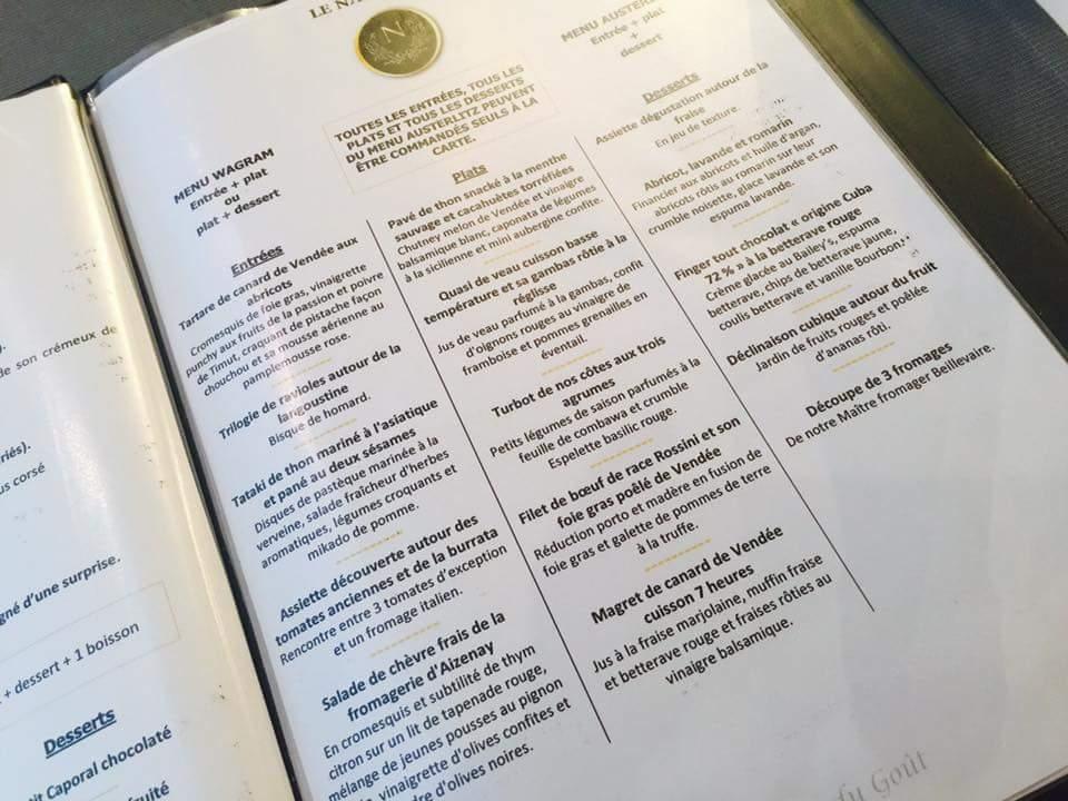 Menu at Le Napoléon restaurant, La Roche-sur-Yon