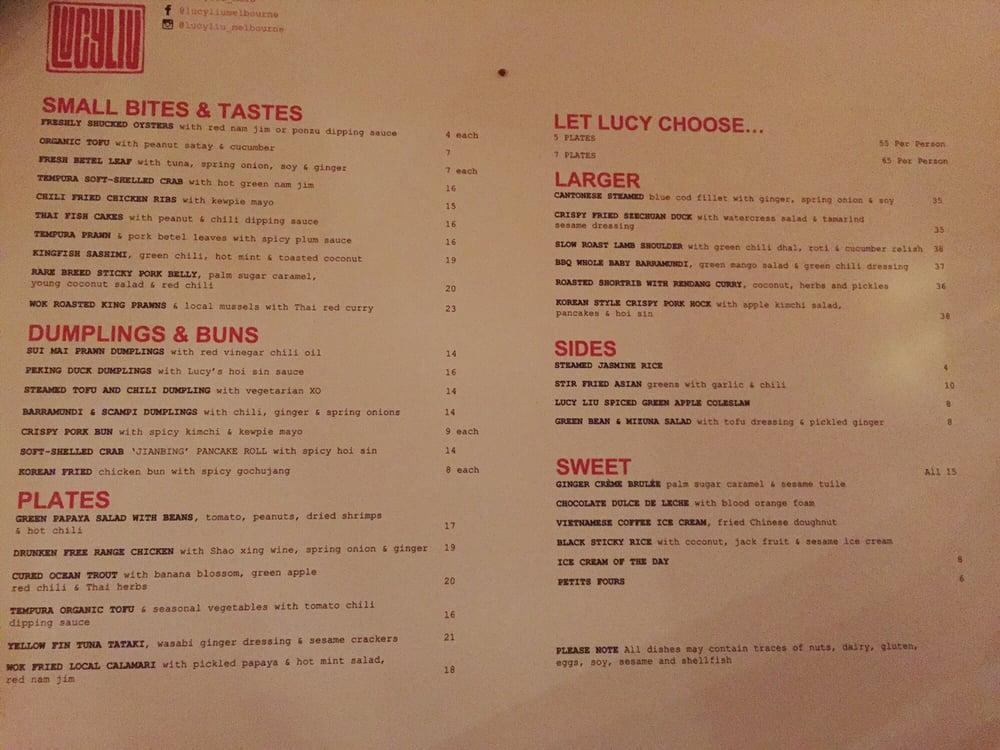 Menu at Lucy Liu Kitchen and Bar, Melbourne