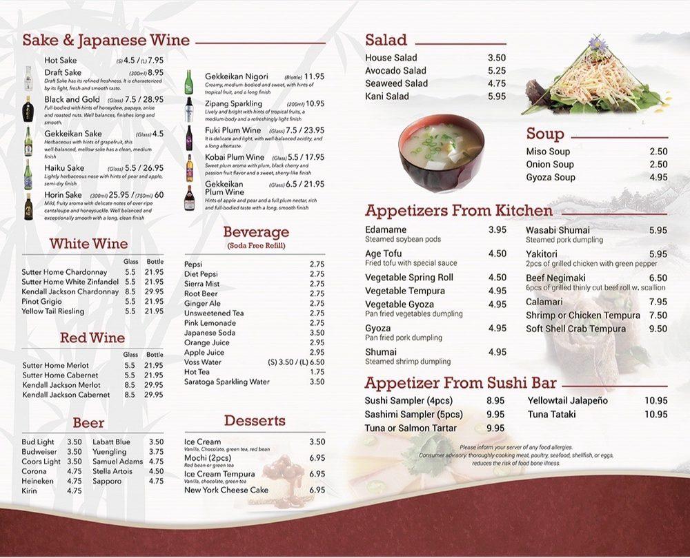 Menu at Mt Fuji sushi restaurant, Cooperstown