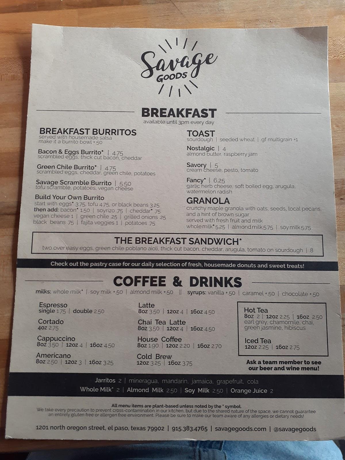 Menu at Savage Goods cafe, El Paso
