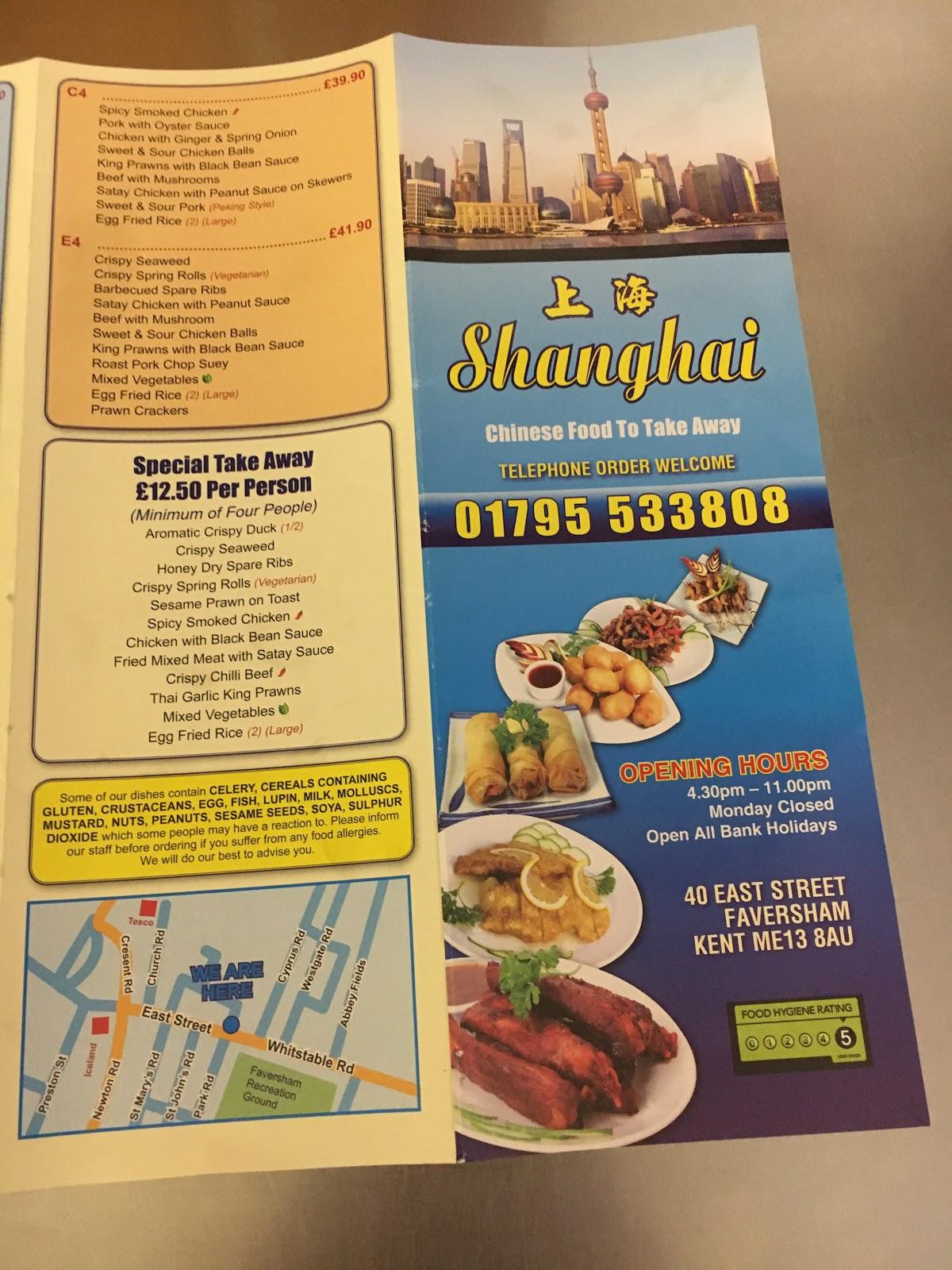 Menu at Shanghai fast food, Faversham