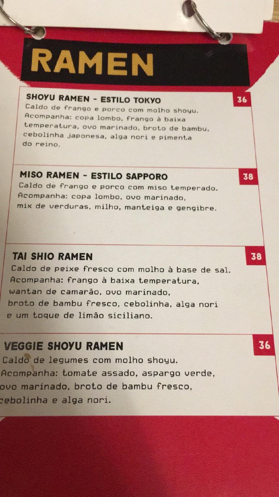 Menu at Tamashii Ramen restaurant, São Paulo