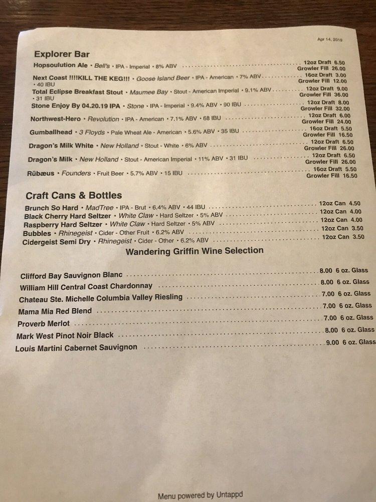 Menu at Wandering Griffin Brewery & Restaurant, Beavercreek