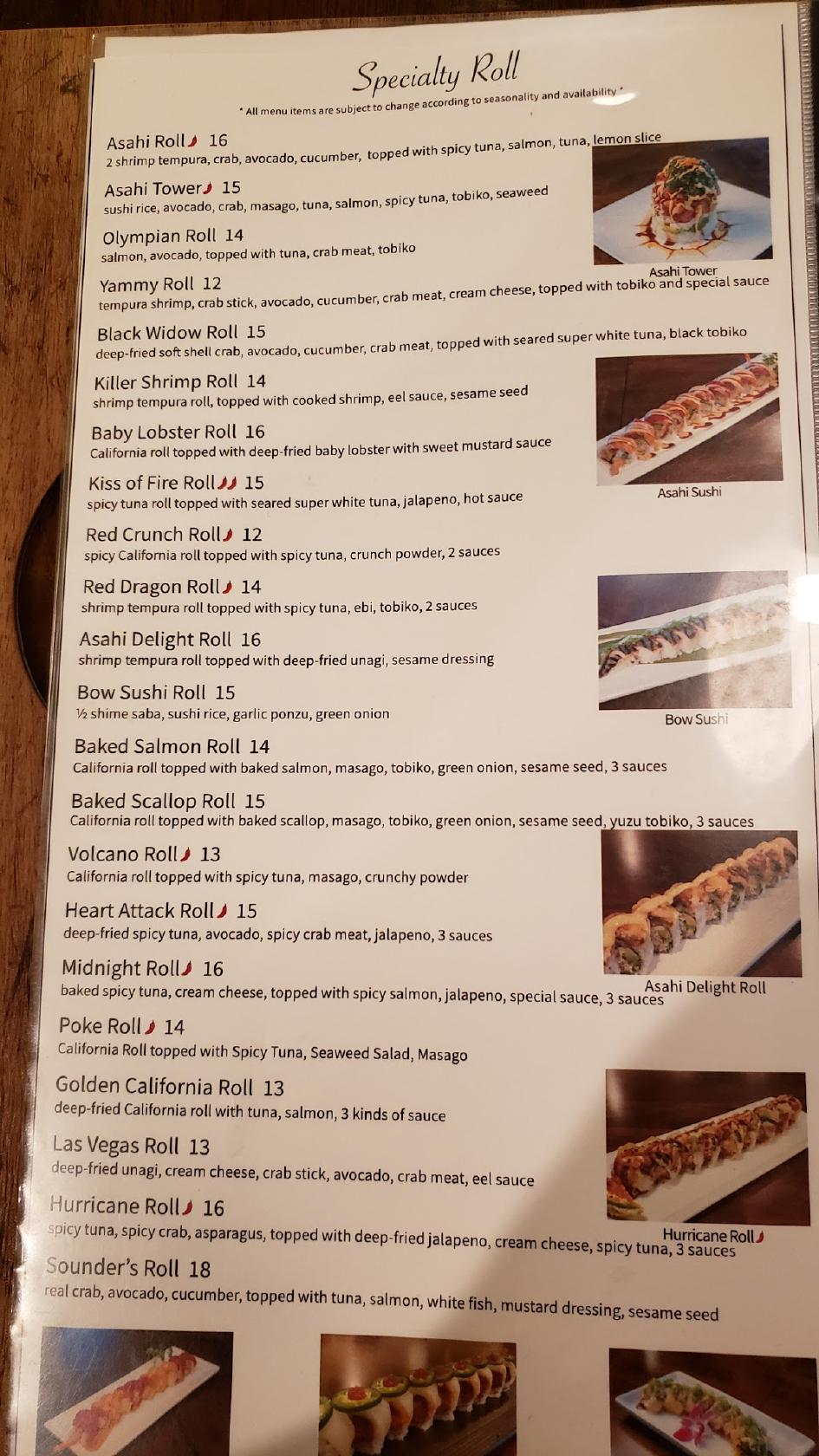 Menu at Asahi Sushi restaurant, Olympia