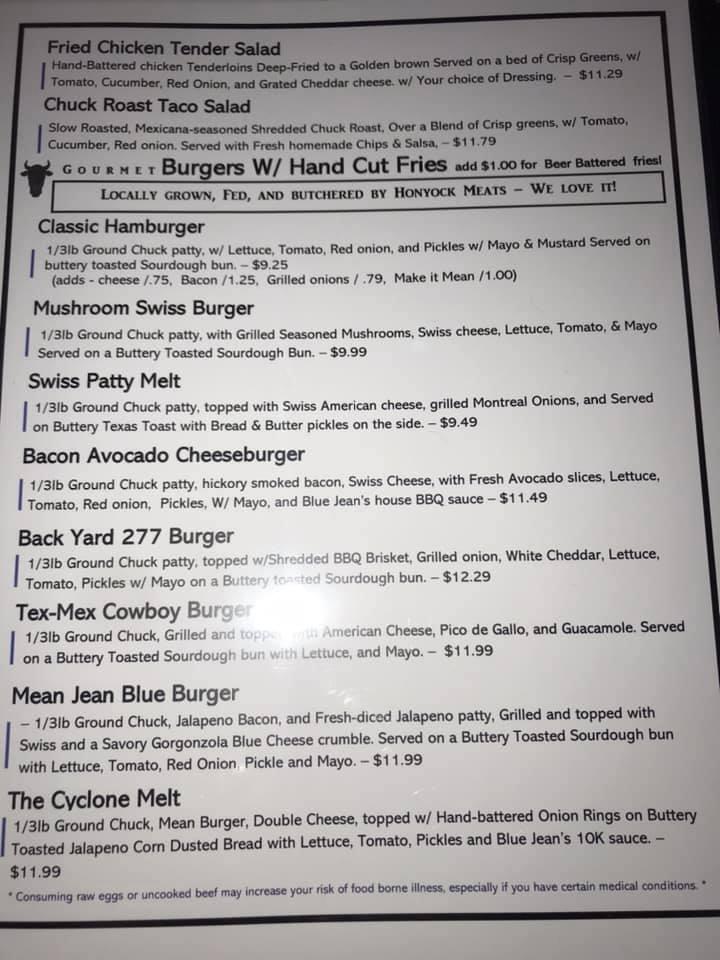 Menu at Blue Jean Café restaurant, Stamford