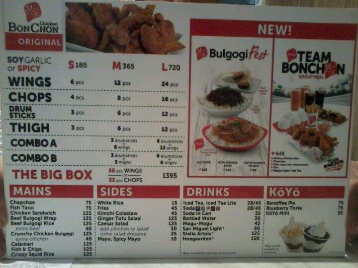 Menu at BonChon restaurant, Manila, 4th Flr