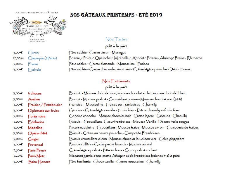 Menu au Boulangerie Pâtisserie Pain De Sucre, Boismont