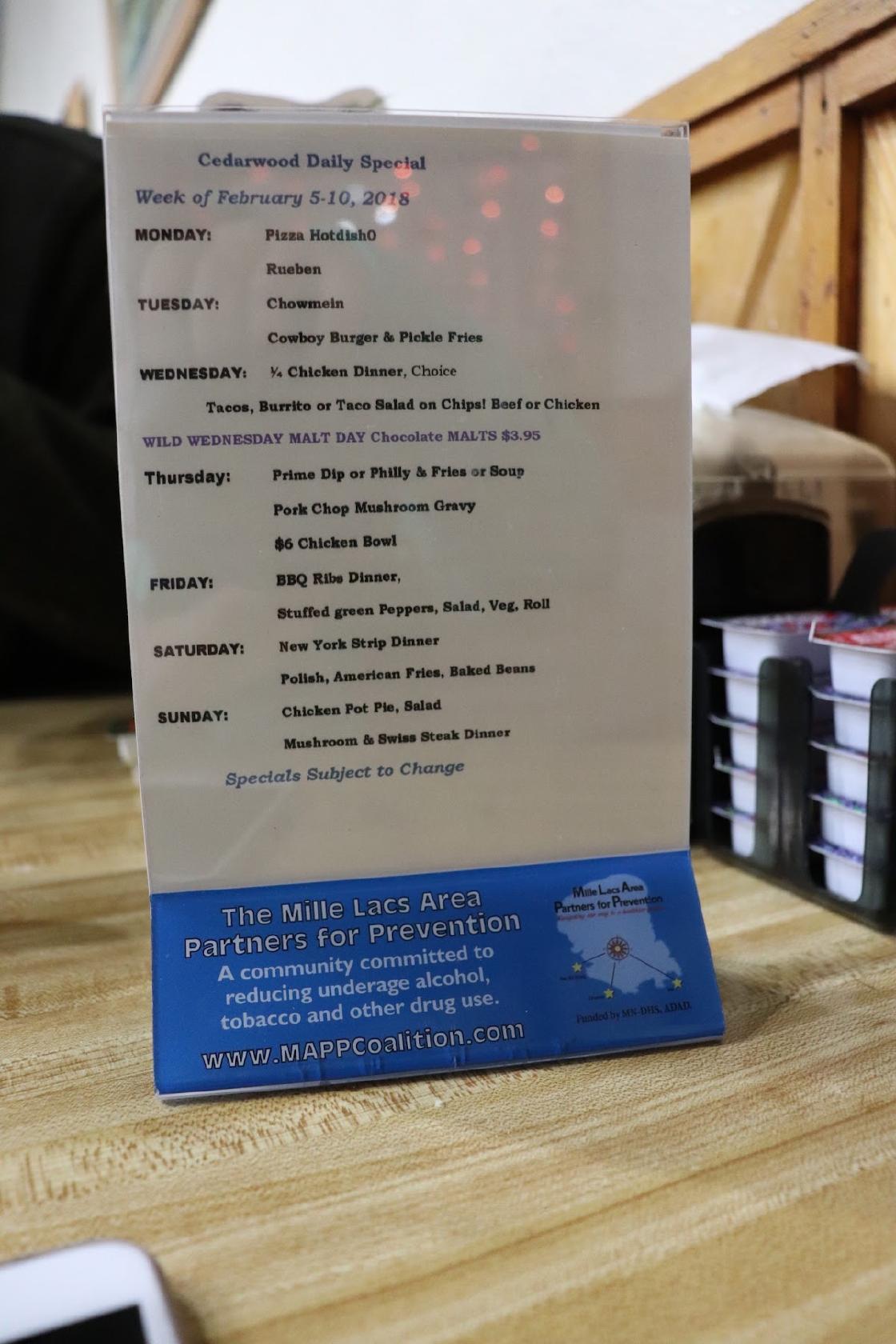 Menu at Cedarwood Family Restaurant, Onamia