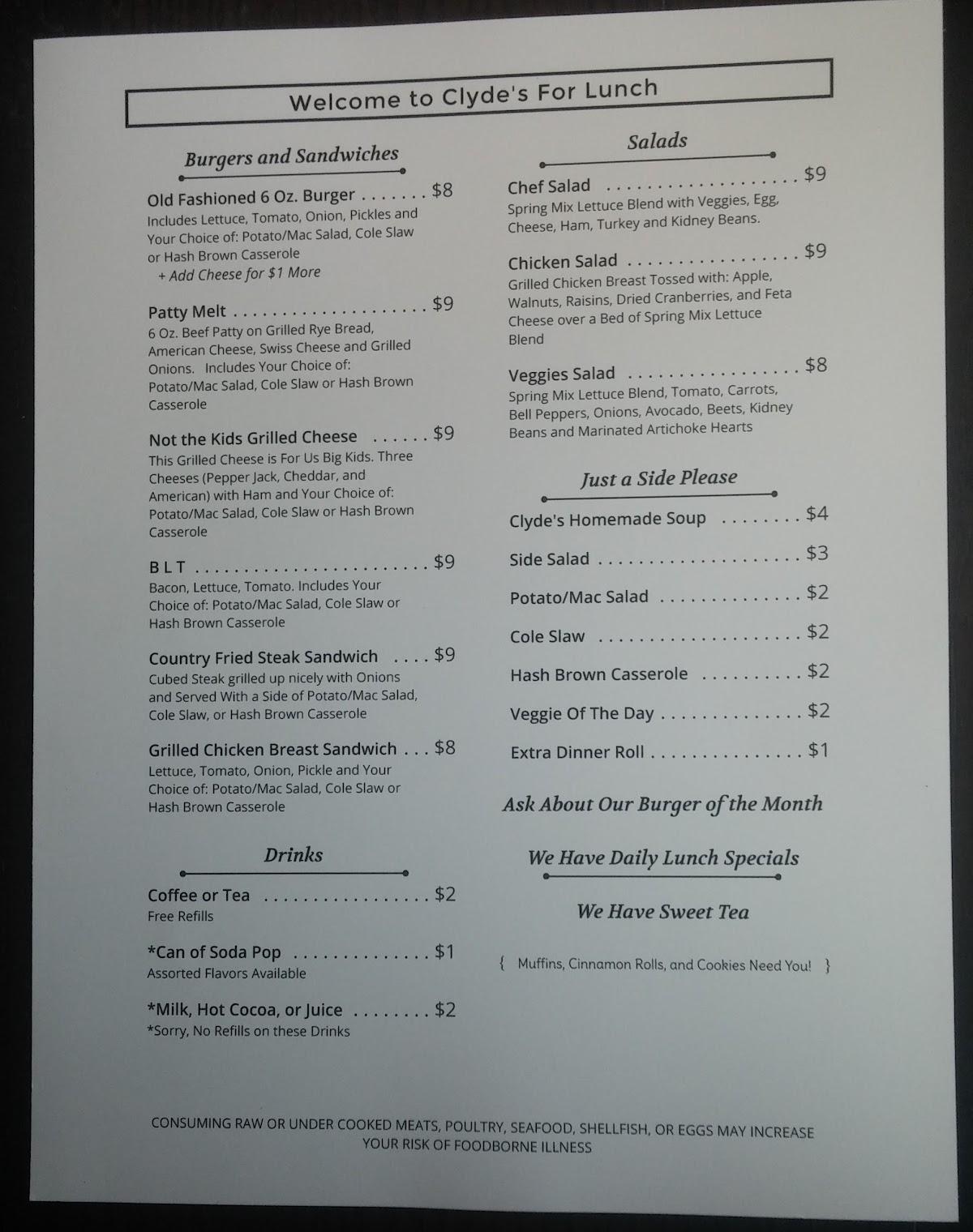 Menu at Clyde's Cafe, Delta