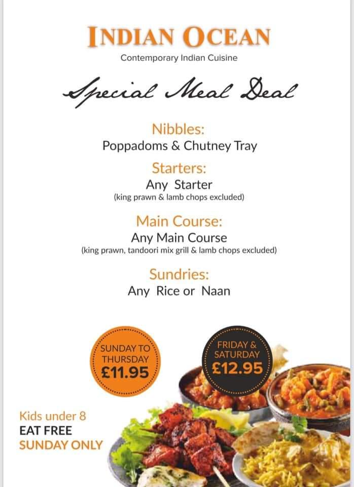 Menu at Indian Ocean restaurant, Manchester