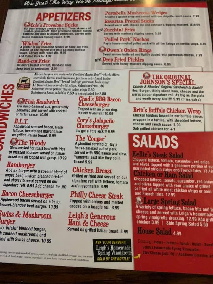Menu at Johnson's White Bear Inn steakhouse, East Springfield