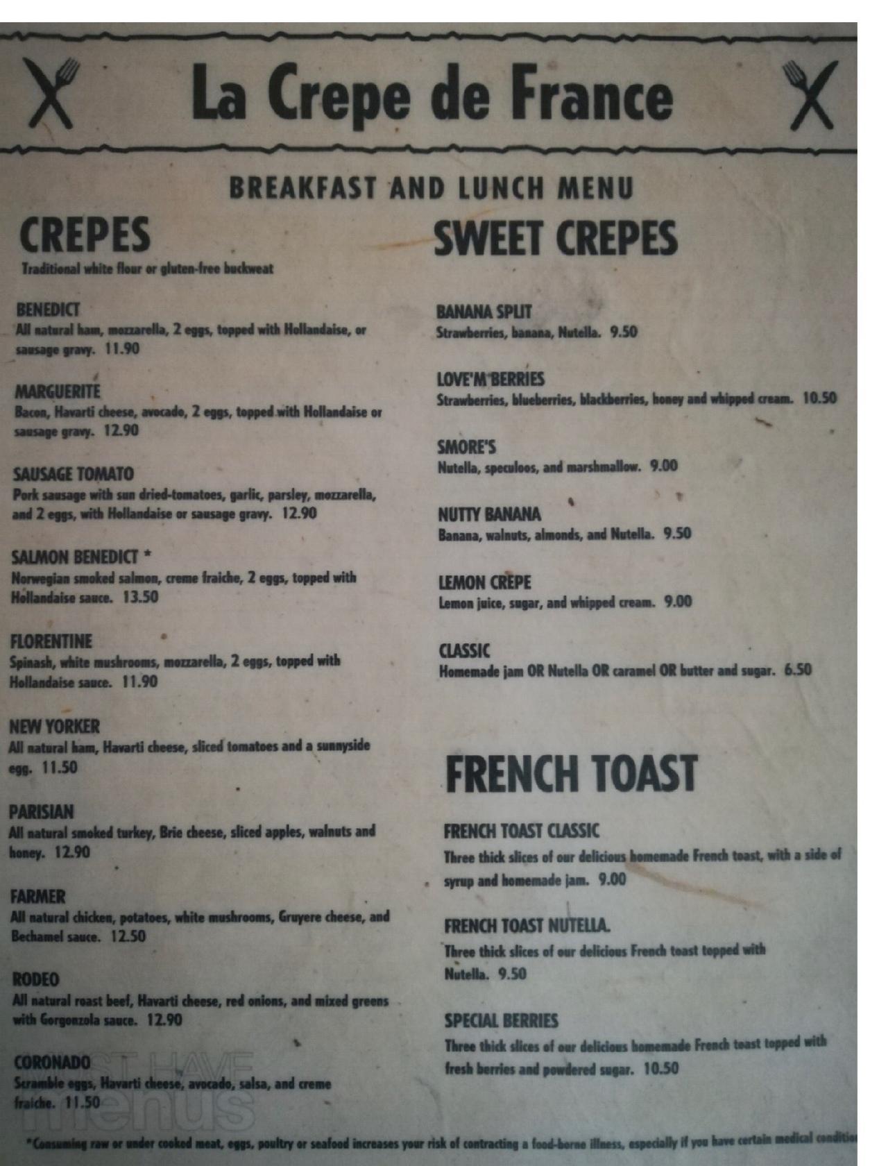 Menu at La Crepe de France restaurant, Melbourne, 707 E New Haven Ave