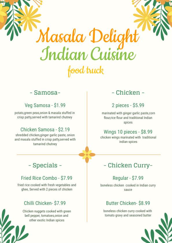 Menu at Masala Delight Food Truck restaurant, Dartmouth