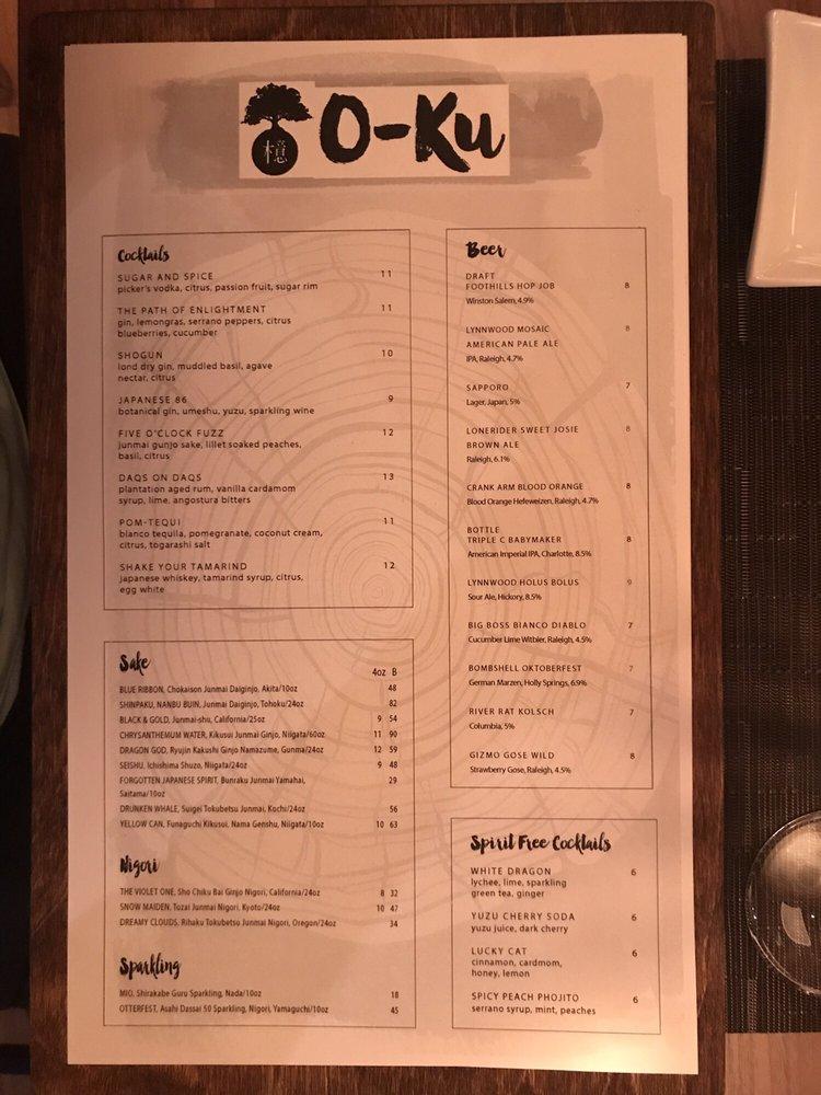 Menu at O-Ku restaurant, Raleigh