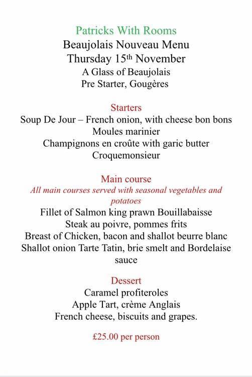 Menu at Patricks With Rooms restaurant, The Mumbles