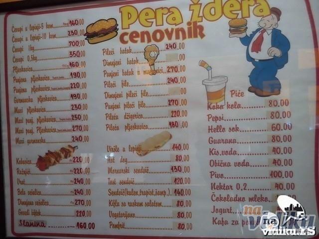 Menu at Pera Ždera restaurant, Novi Sad, Hajduk Veljkova 11