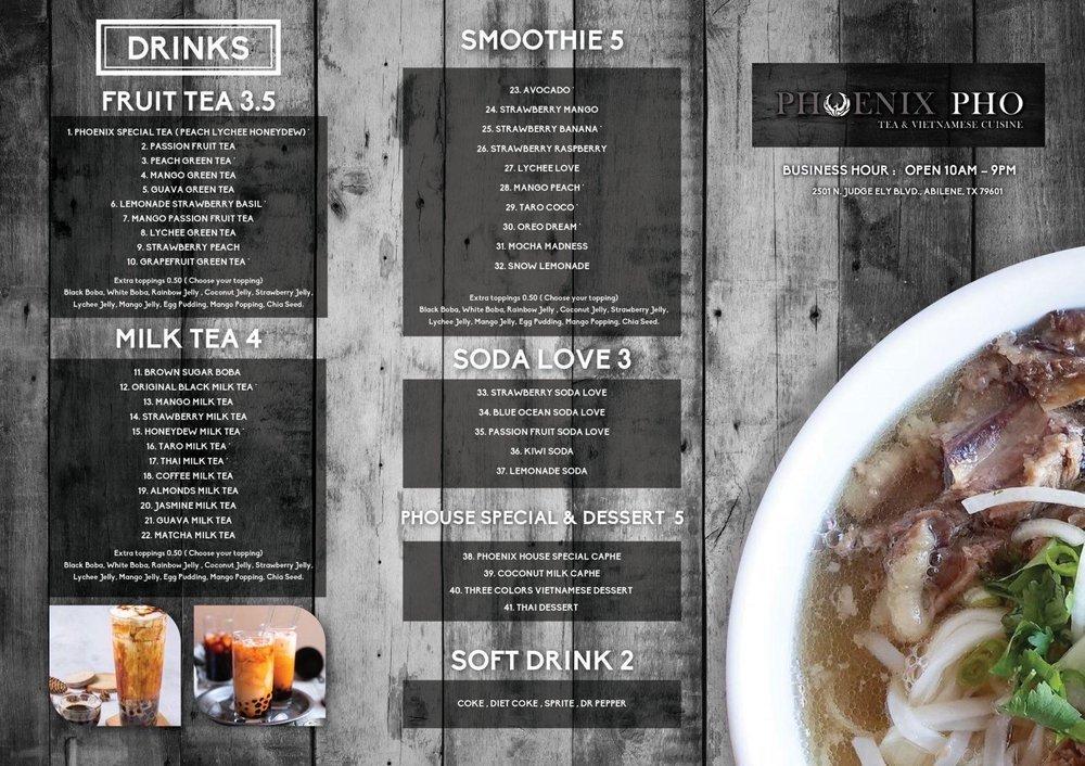 Menu at Phoenix Pho boba Tea restaurant, Abilene