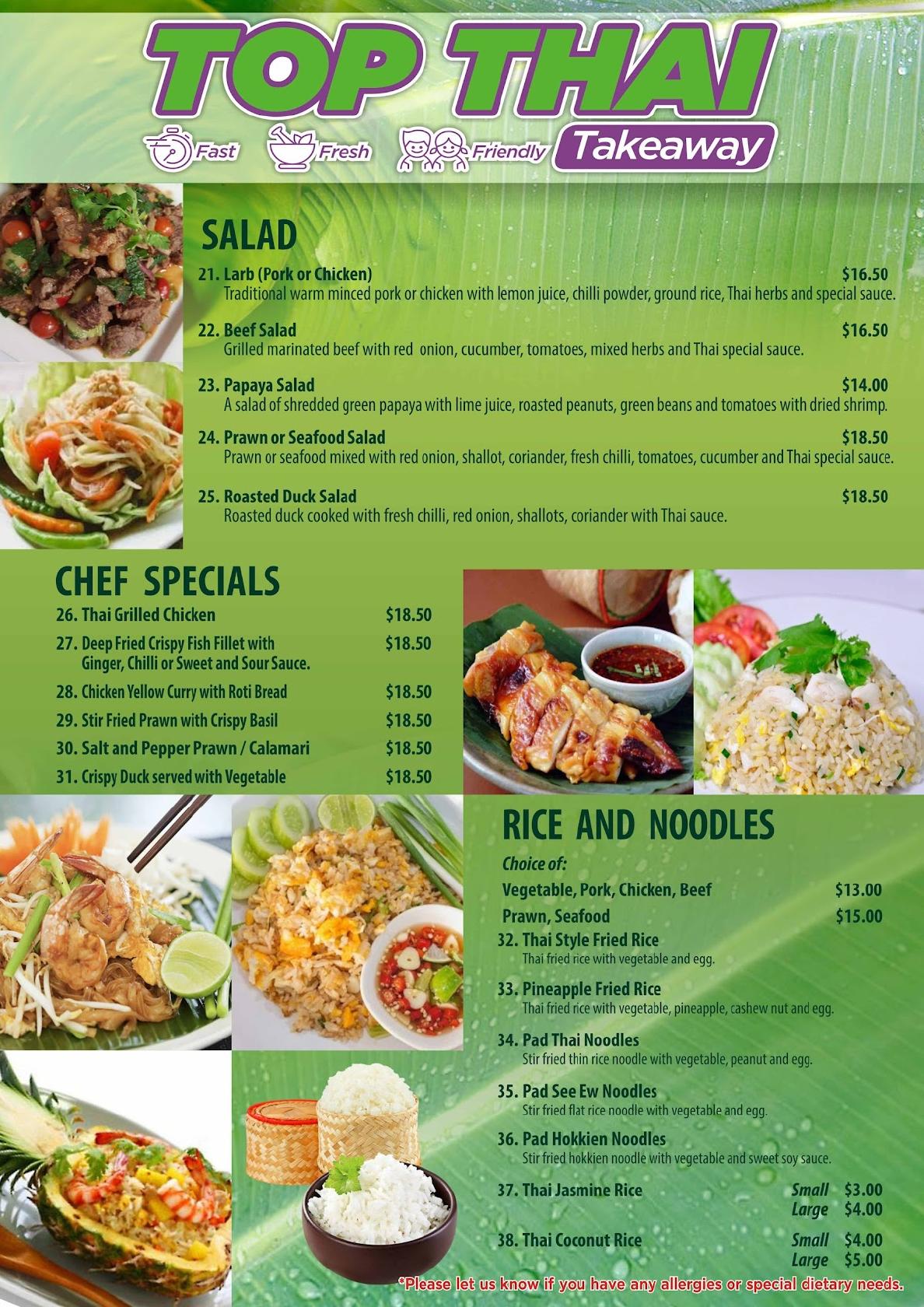 Menu at Top Thai Takeaway restaurant, Labrador