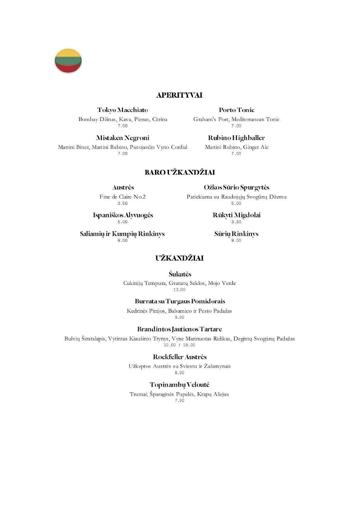 Menu at Trinity Restaurant and Cocktail House, Vilnius