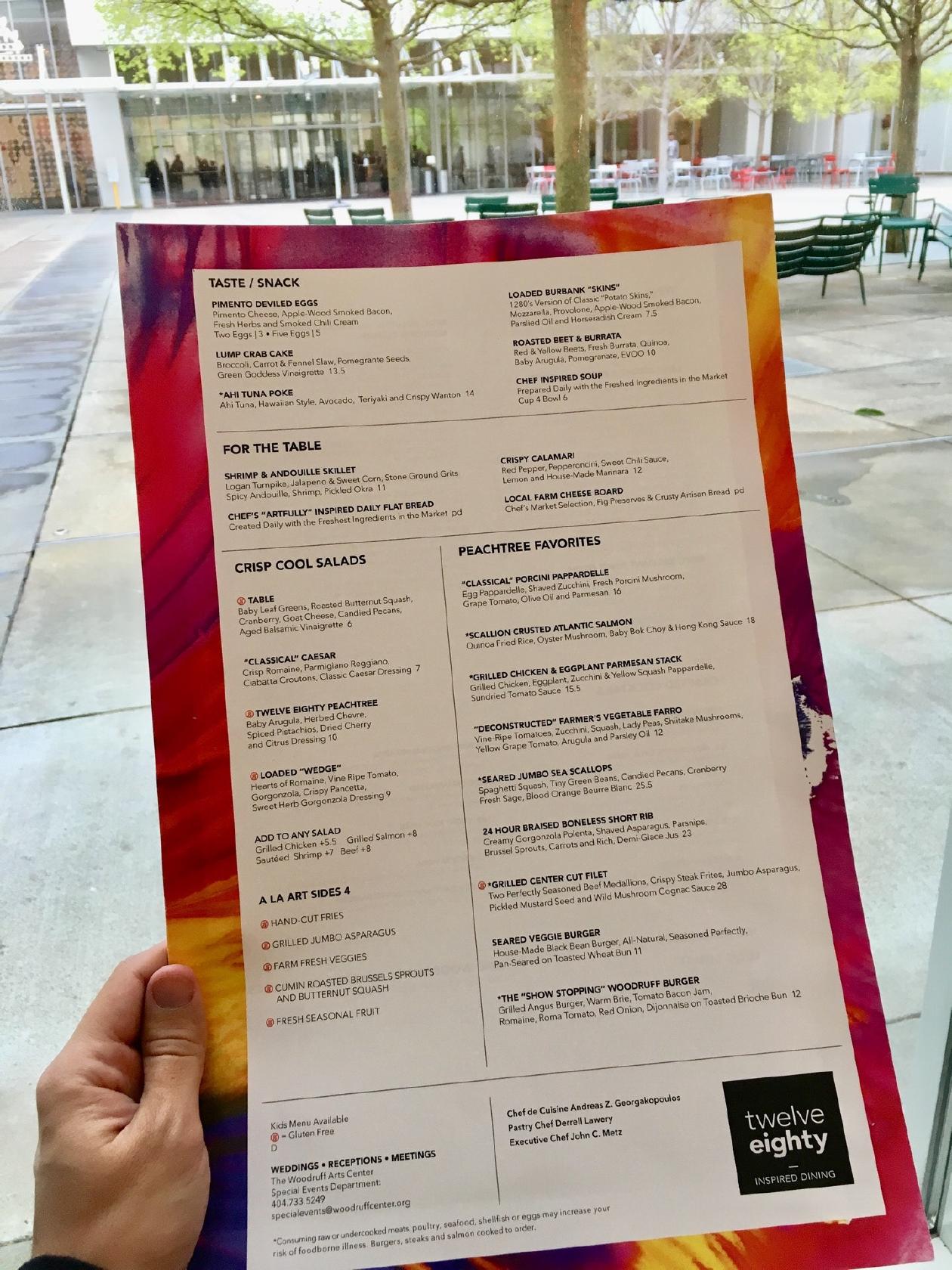 Menu at Twelve Eighty restaurant, Atlanta, Peachtree St NE
