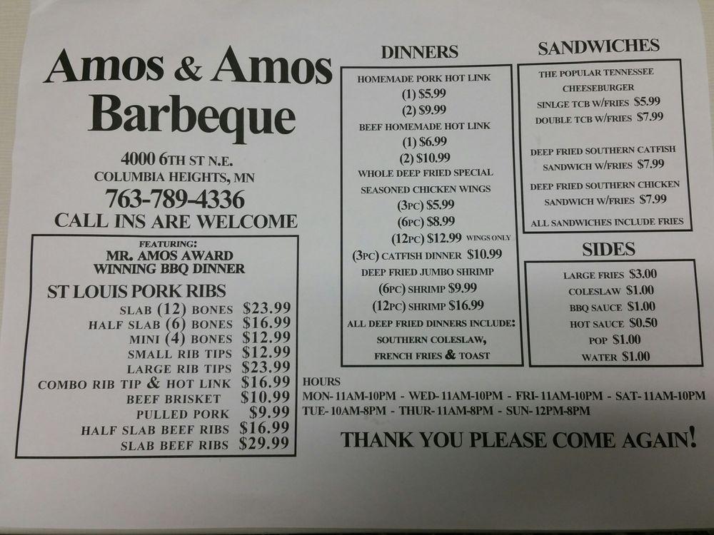 Menu at Amos & Amos Barbeque Restaurant, Columbia Heights