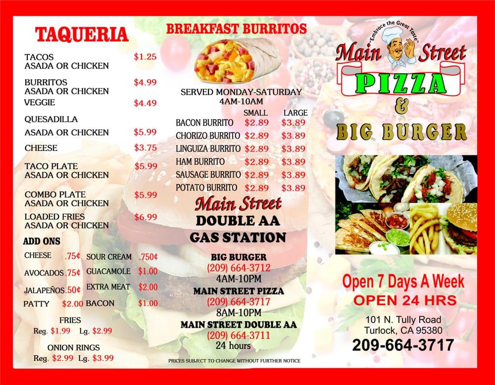 Menu at BIG BURGER & MAIN STREET PIZZA restaurant, Turlock