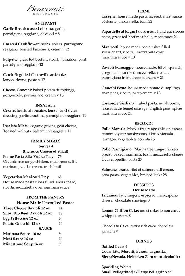 Menu at Benvenuti Ristorante pub & bar, Walnut Creek