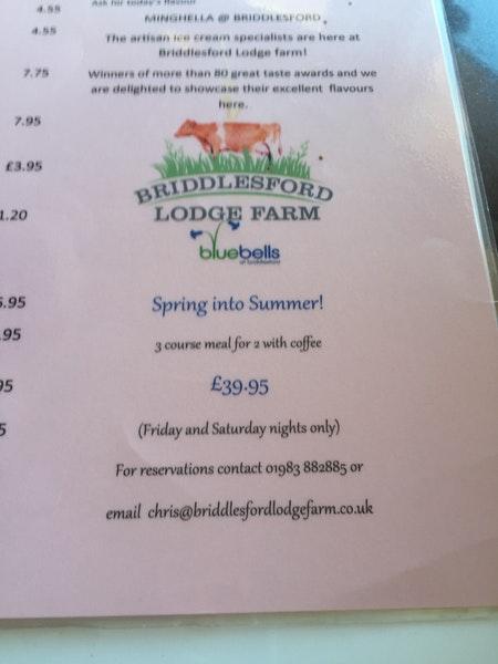 Menu at Bluebells At Briddlesford cafe, Wootton Bridge
