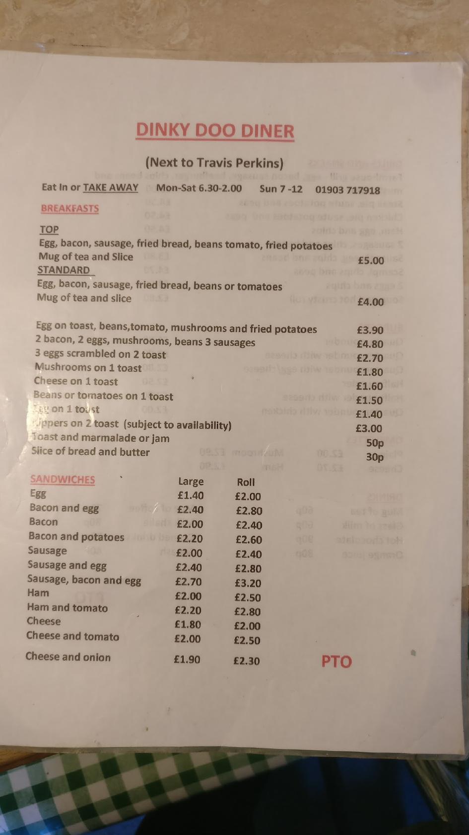 Menu at Dinky Doo Diner cafe, Littlehampton