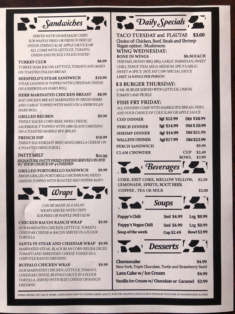 Menu at Fat Cow pub & bar, Sheboygan Falls