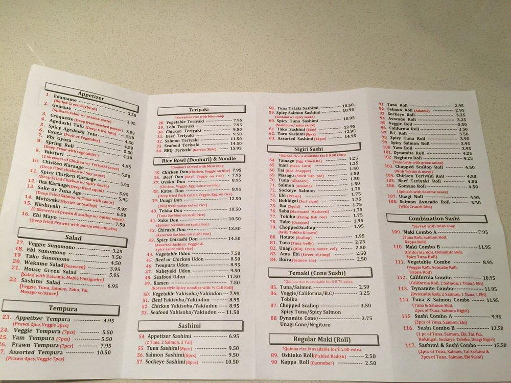 Menu at Haru Sushi restaurant, Surrey