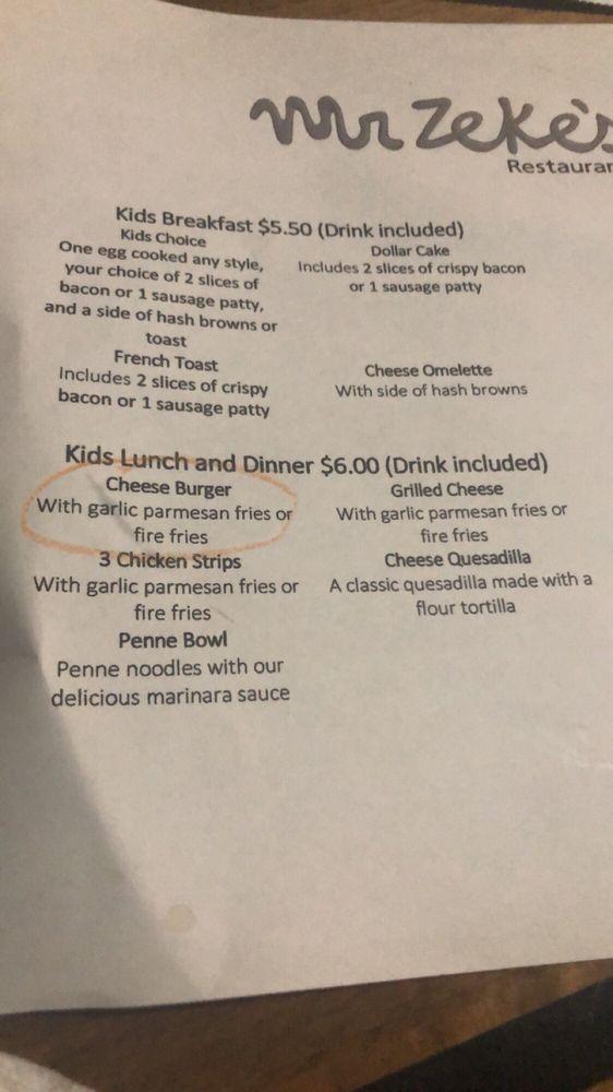 Menu at Mr. Zeke’s Restaurant, Pinetop-Lakeside