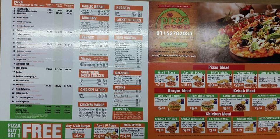 Menu at Pizza Oven restaurant, Wigston, 33 Canal St