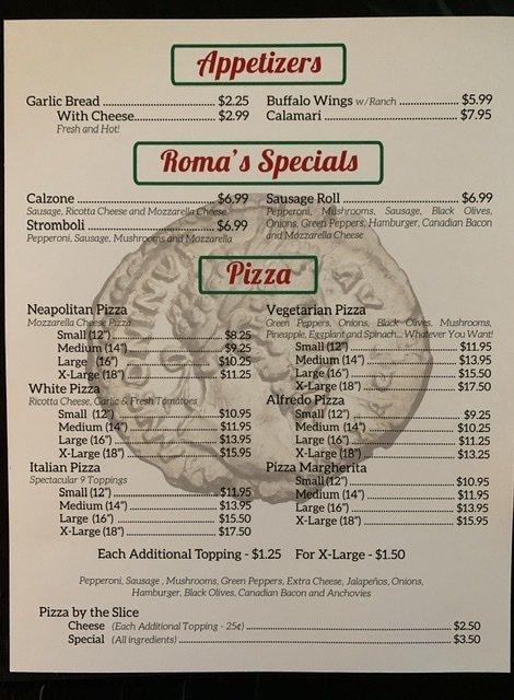 Menu at Roma's Pizza pizzeria, Pottsboro