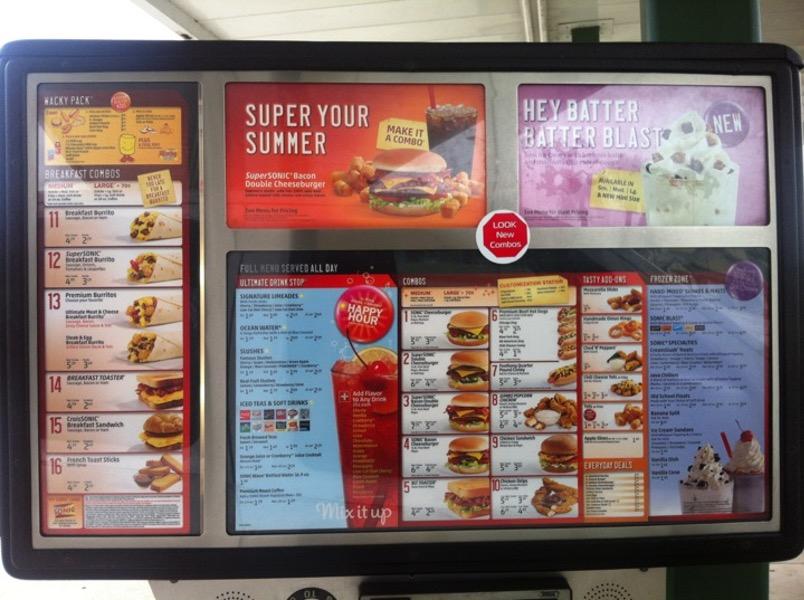 Menu at Sonic Drive-In fast food, Orlando, International Dr