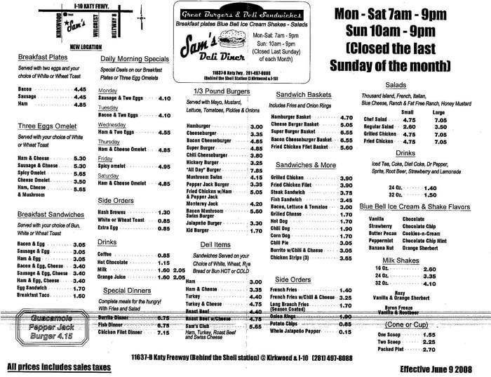 Menu at Sam's Deli Diner restaurant, Houston, B Katy Fwy