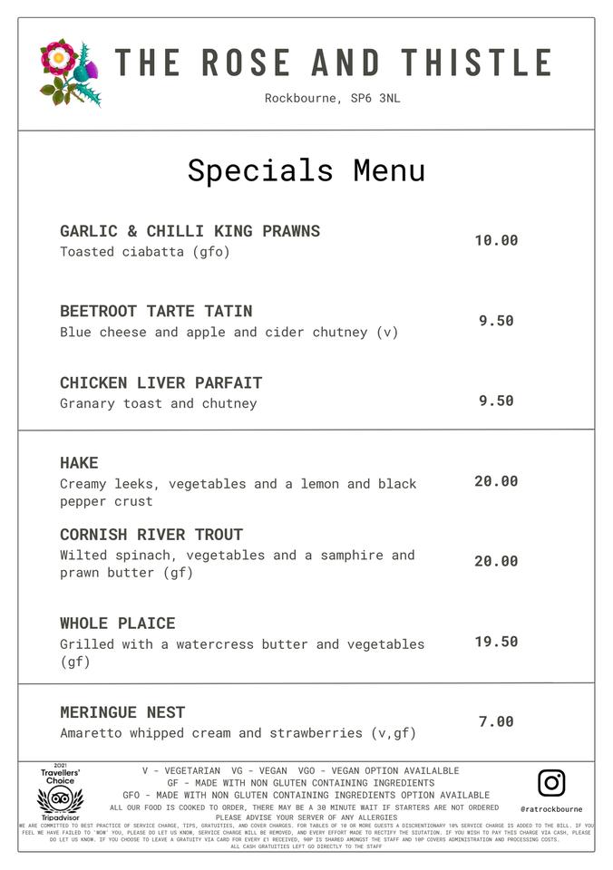 Menu at The Rose and Thistle pub & bar, Fordingbridge