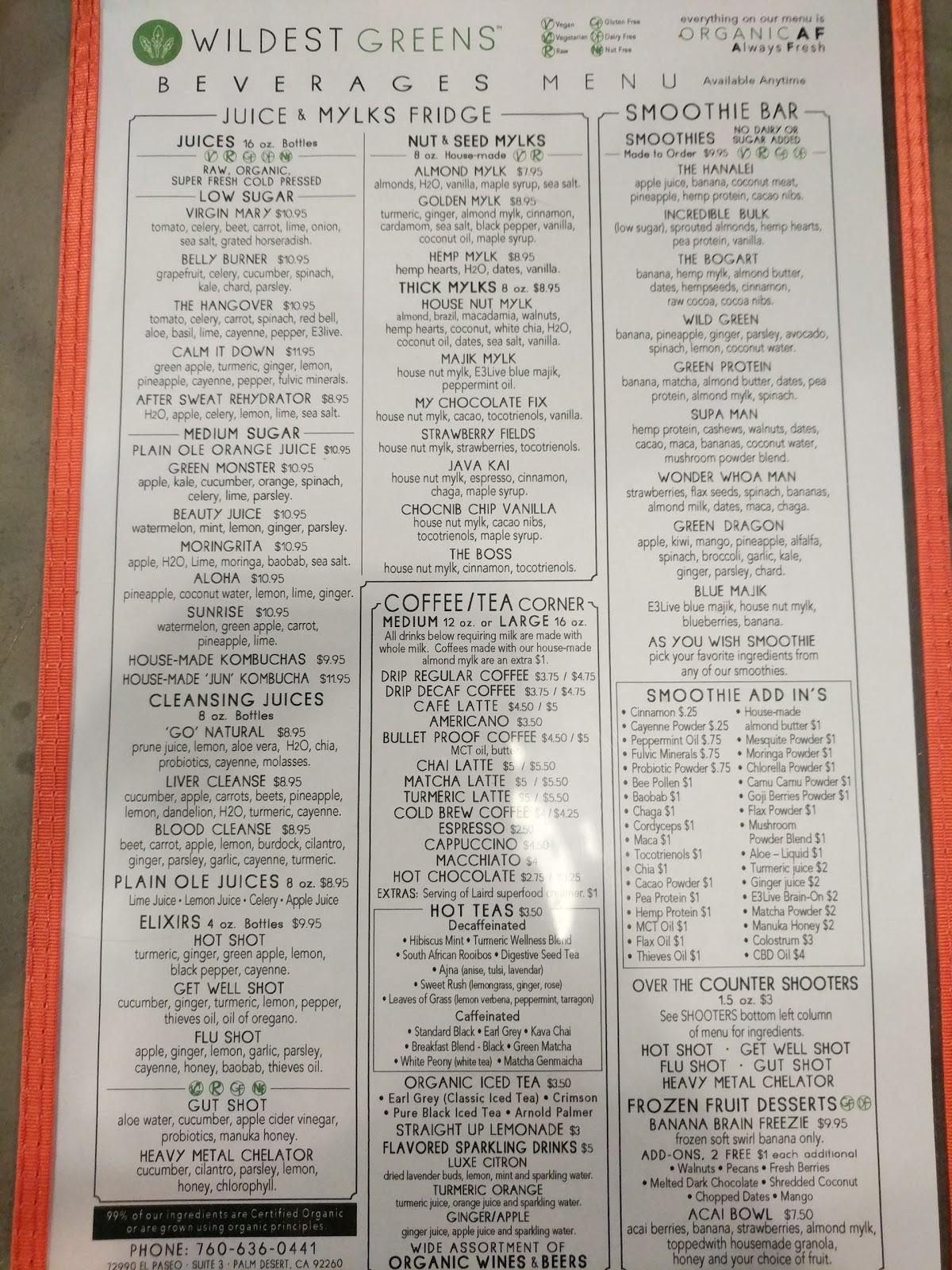 Menu at Wildest Restaurant & Bar, Palm Desert