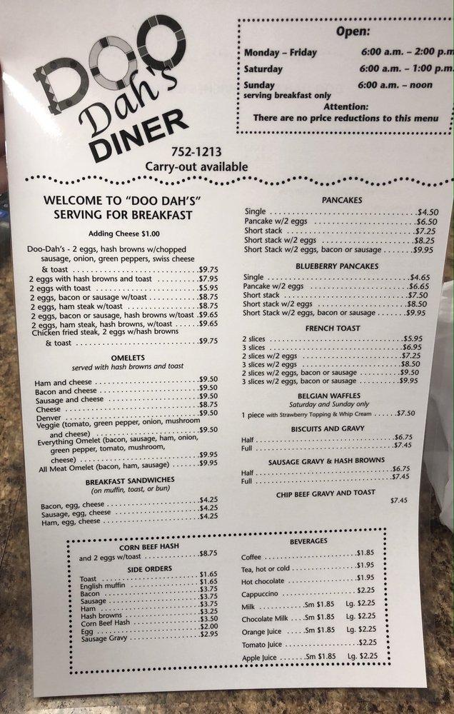 Menu at DOO Dah's DINER restaurant, Marshalltown