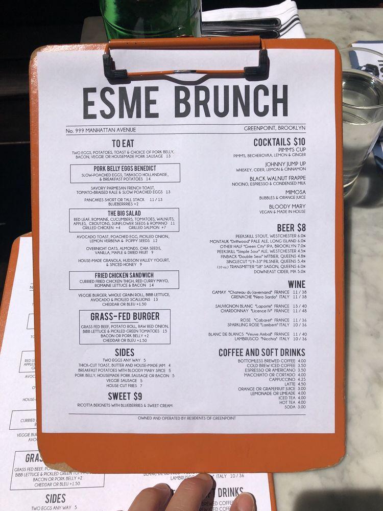 Carta del pub y bar Esme, Nueva York