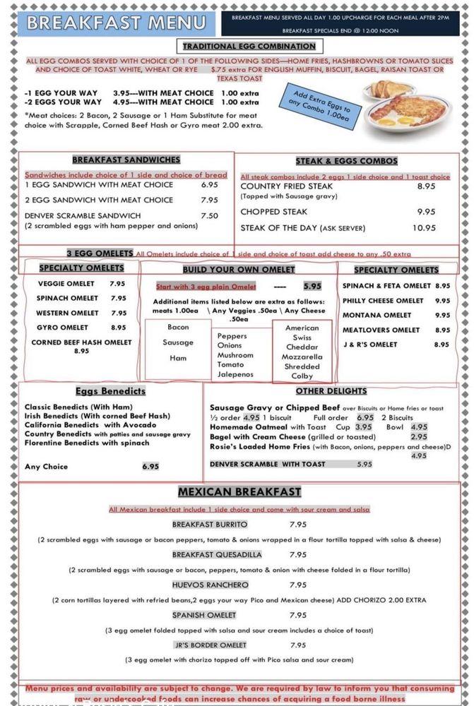 Menu at Junior and Rosie's Cafe and Grill, Englewood