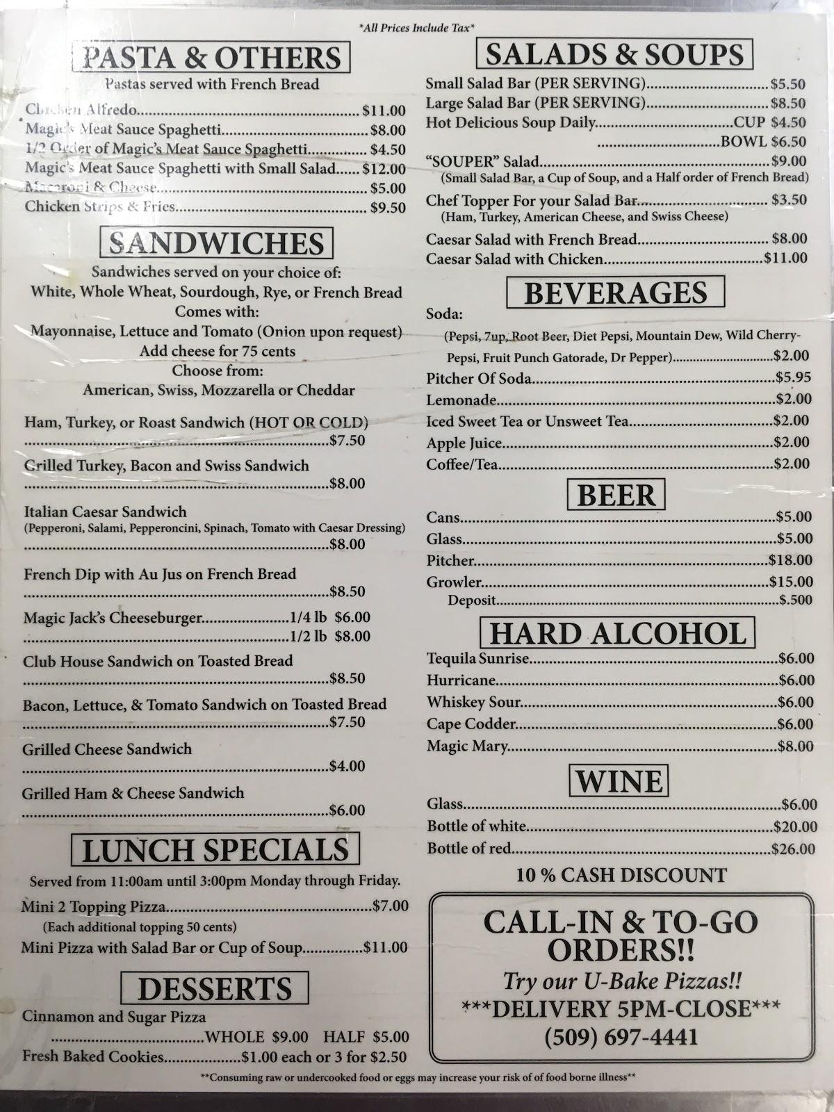 Menu at Magic's Pizza Shack pizzeria, Selah