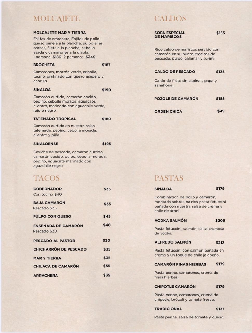 Carta de Ola Sinaloa - Mariscos Auténticos Rib’s Restaurant-Bar, Monclova