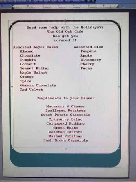 Menu at Old Oak Cafe, Westlake Corner