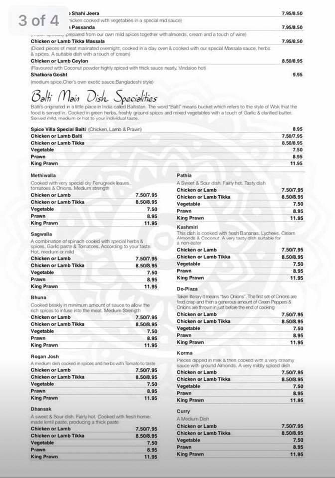 Menu at Spice Villa Indian Restaurant, Chard