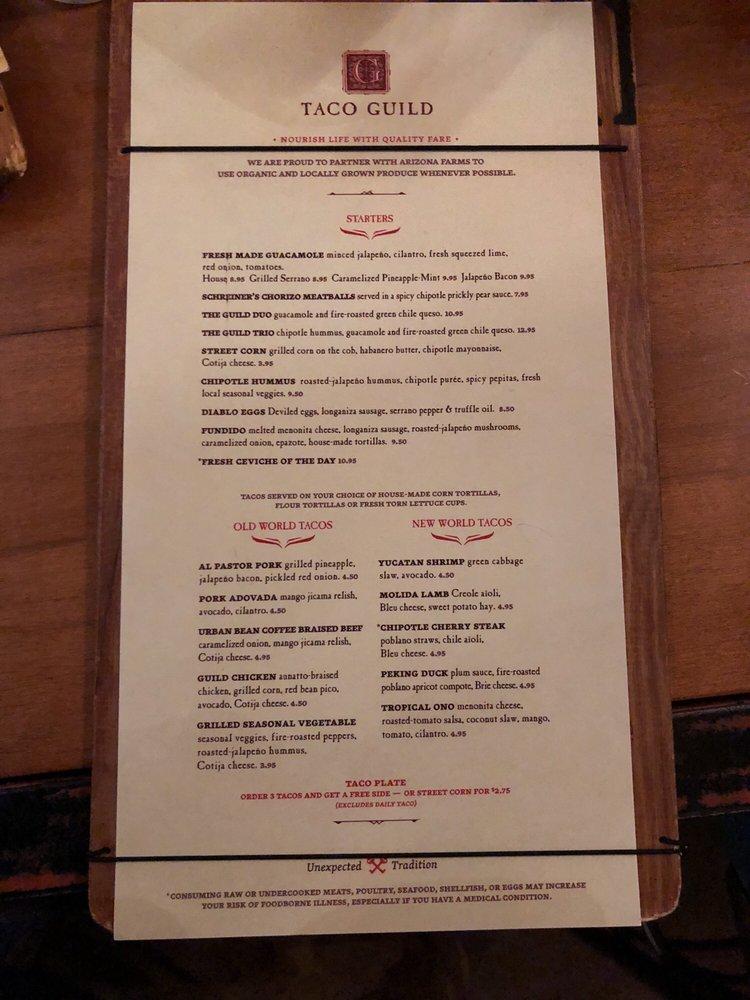 Menu at Taco Guild pub & bar, Phoenix