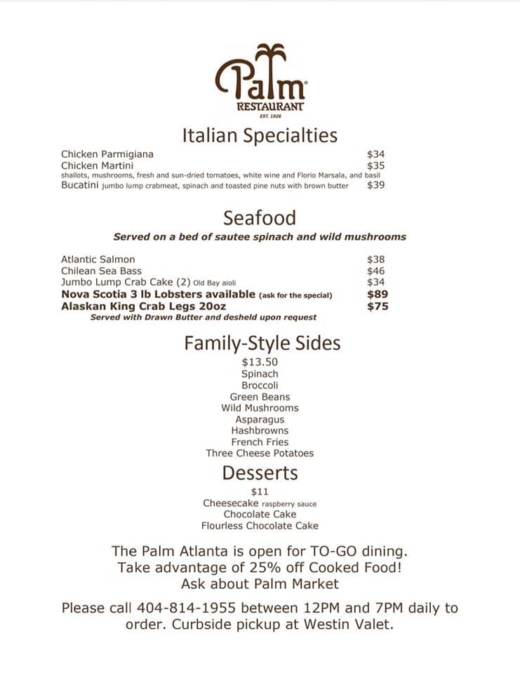 Menu at The Palm - Atlanta steakhouse, Atlanta