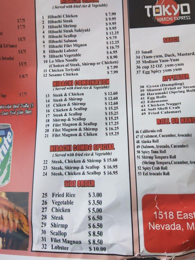 Menu at Tokyo Hibachi Express restaurant, Nevada