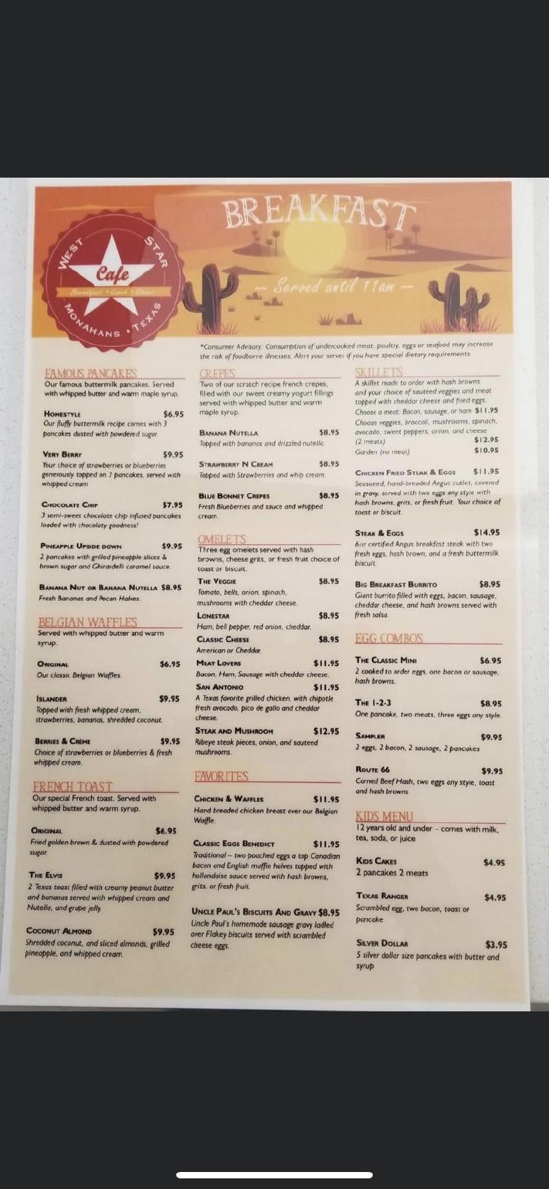 Menu at West Star Cafe, Monahans