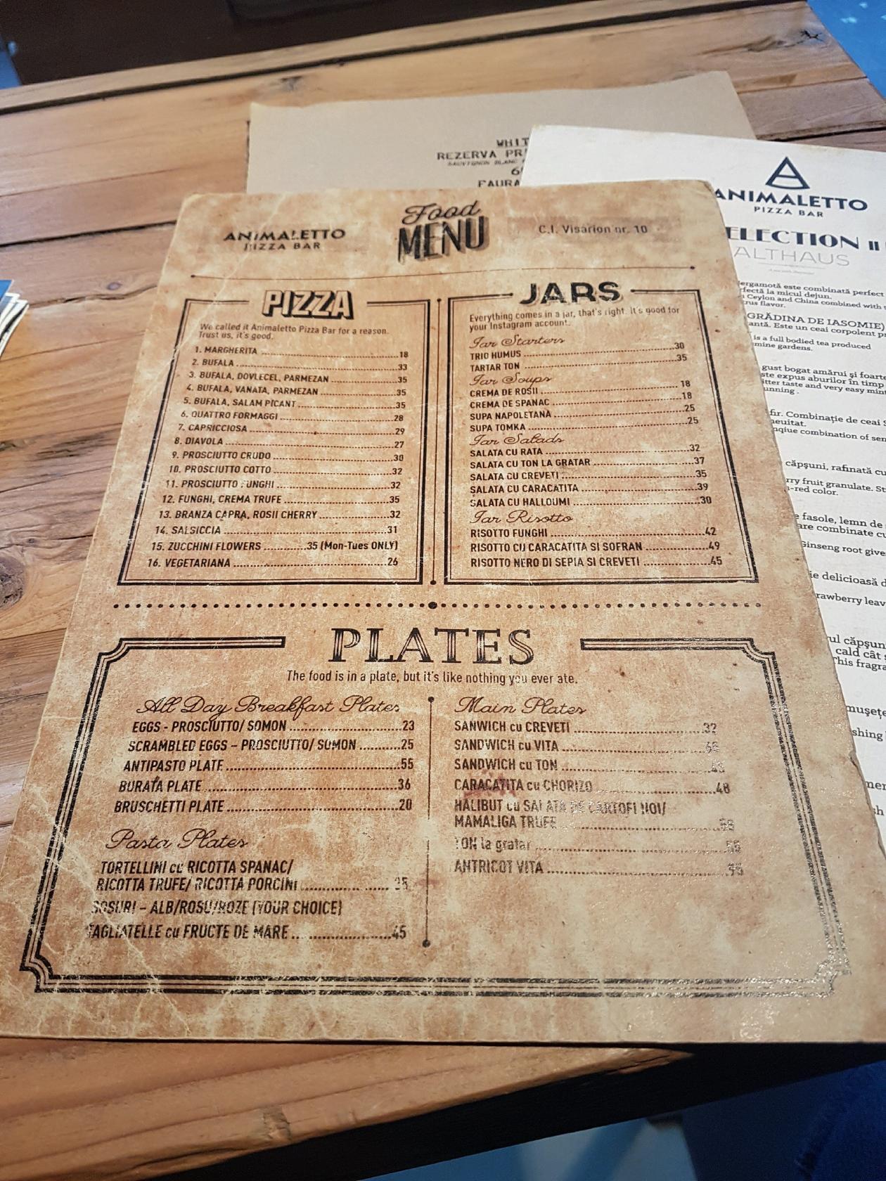 Menu at Animaletto Pizza Bar, Bucharest